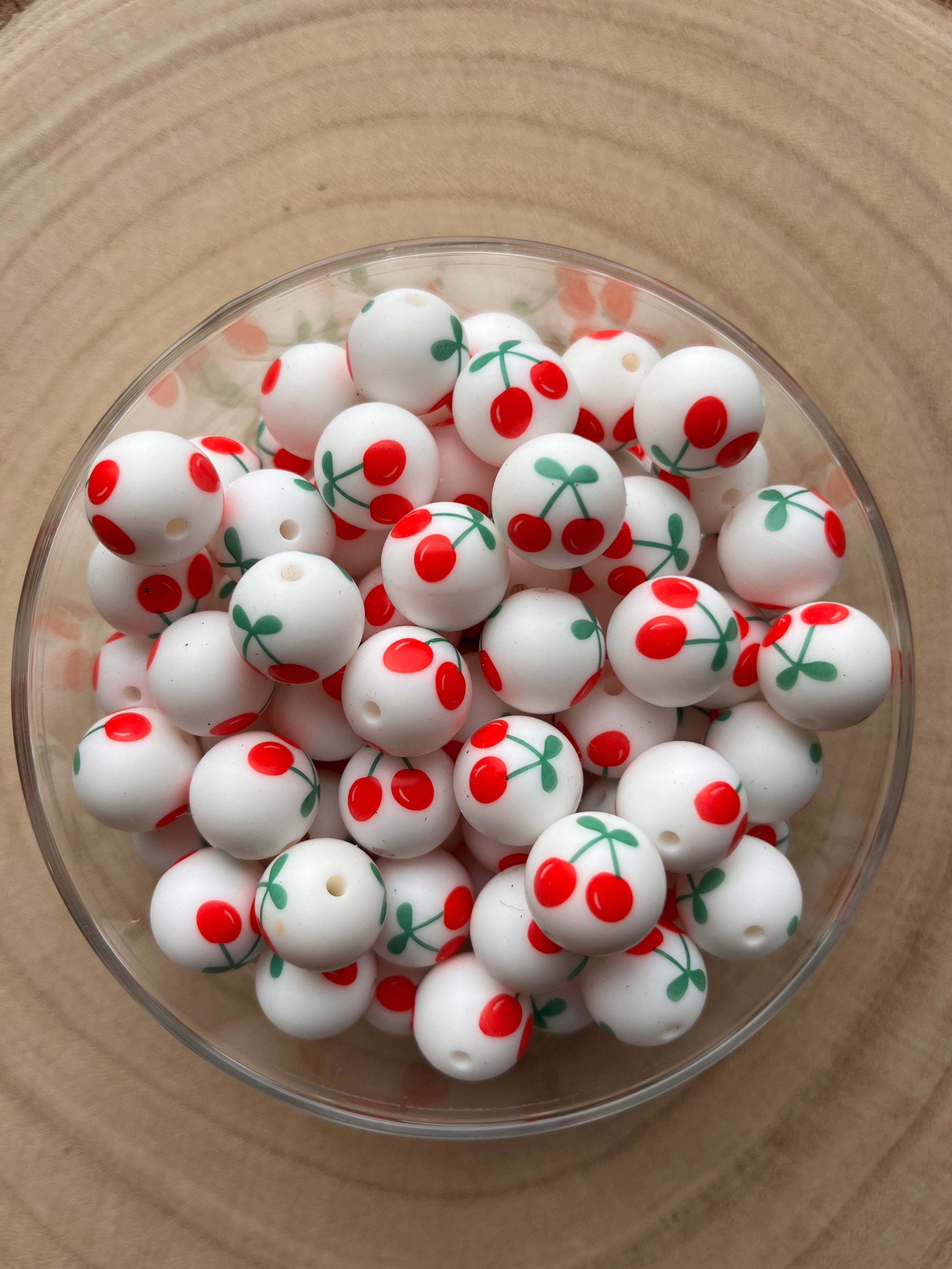 🍒 Perle en silicone imprimée – Cerise sur fond blanc 🍒 – Babanono